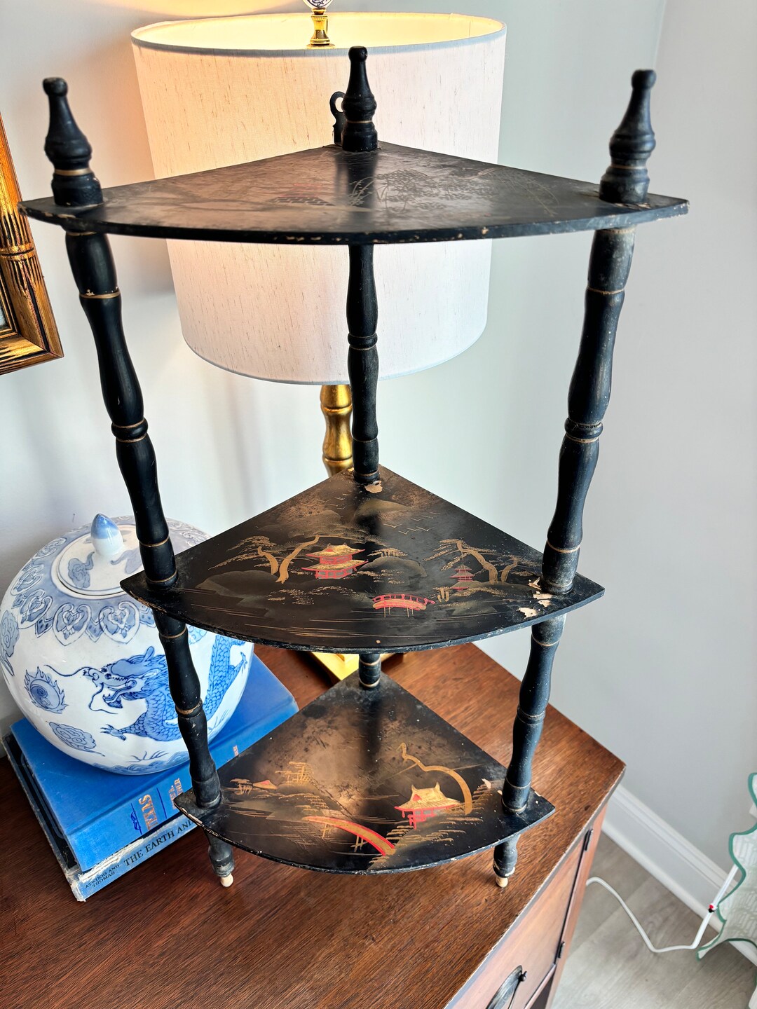 Chinese Oriental Asian Pagoda Handpainted Hanging Corner Wall Shelf ...