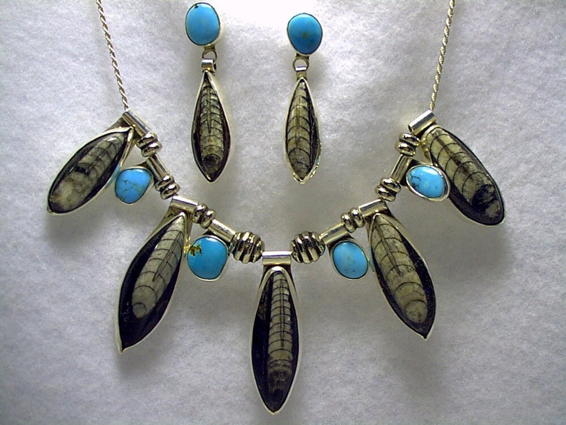 Orthoceras Fossils, Real Turquoise, Necklace & Earring Set in Solid ...
