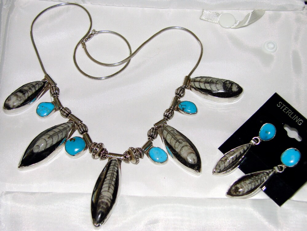 Orthoceras Fossils, Real Turquoise, Necklace & Earring Set in Solid ...