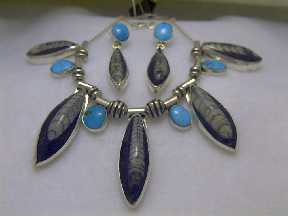 Orthoceras Fossils, Real Turquoise, Necklace & Earring Set in Solid ...