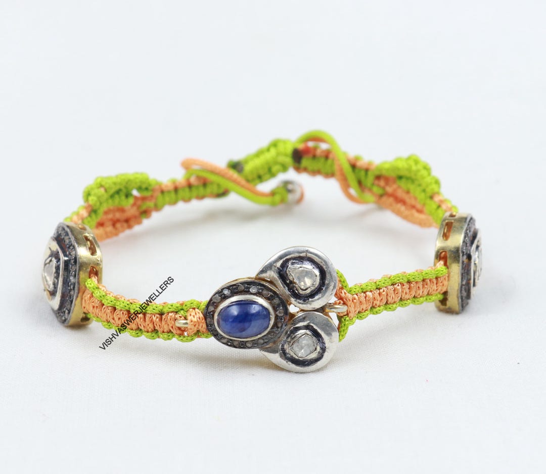 Blue Sapphire Polki Diamond Bracelet: 925 Sterling Silver Charm - Etsy