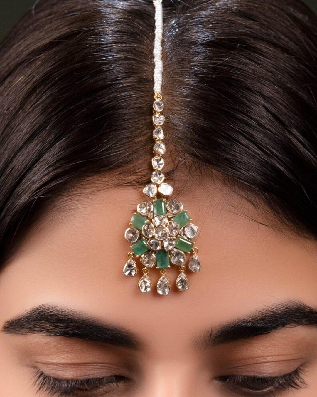 Maang Tikka, Natural Emerald & Rose Cut Polki Diamond Maang Tikka, 925 ...