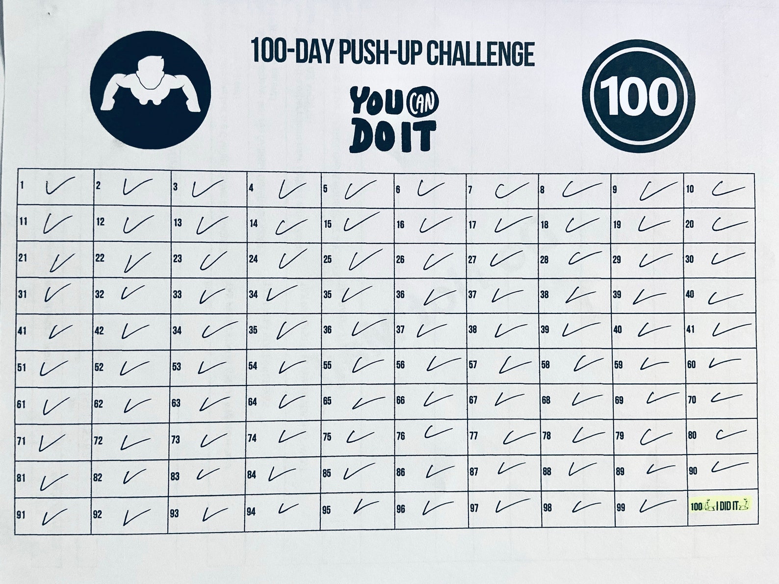 100-day Push-up Challenge Chart - Printable Fitness Tracker - Etsy