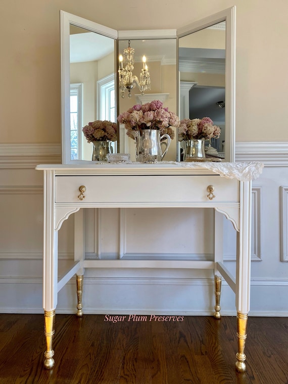 Soldantique Desk Refinished Into Sweet Little Cream and Gold Leaf Makeup Vanity Etsy