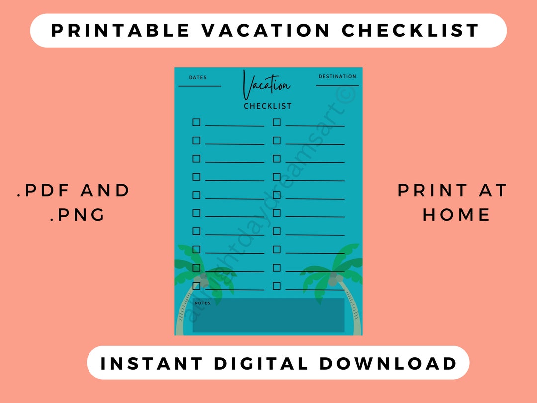 Blue Printable Vacation Checklist to Do List Vacation Planner Travel ...