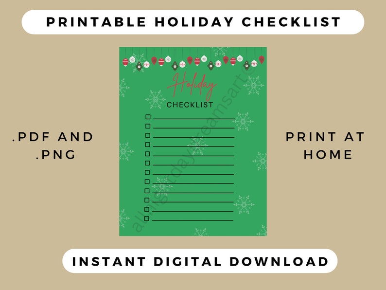 Printable Holiday Checklist green Downloadable PNG and PDF Instant ...
