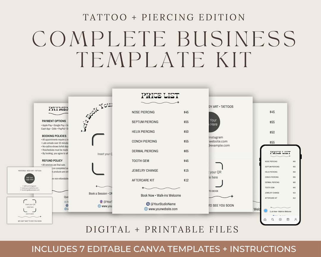 Tattoo & Piercing Canva Template Bundle | Grunge Editable Price List ...