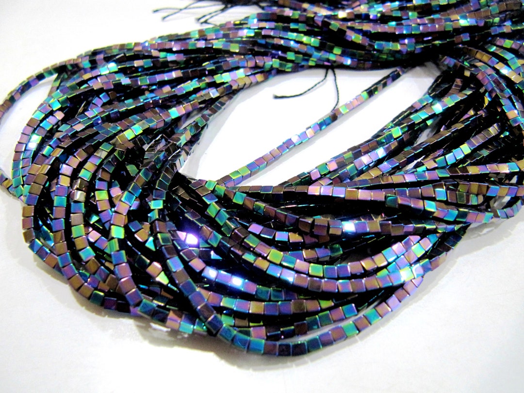 Peacock Blue Color Hematite Cube Beads Rainbow Mystic Box Shape ...