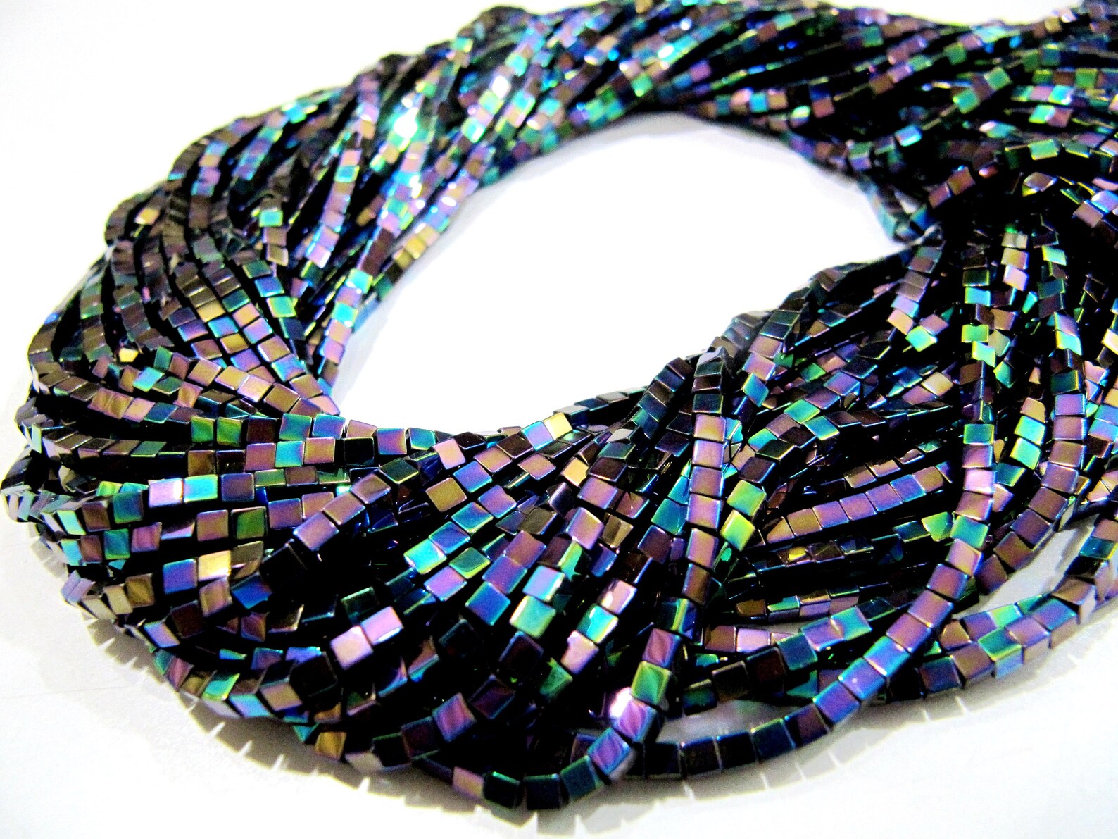 Peacock Blue Color Hematite Cube Beads Rainbow Mystic Box Shape ...
