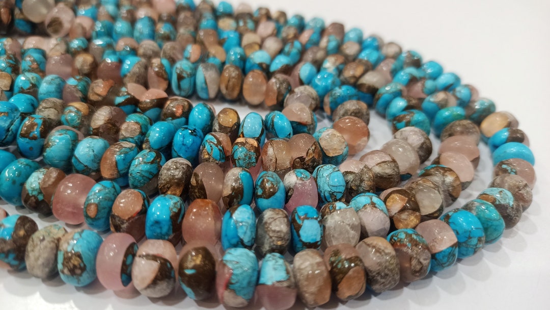 Natural Mohave Rose Quartz and Blue Copper Turquoise Rondelle Plain ...