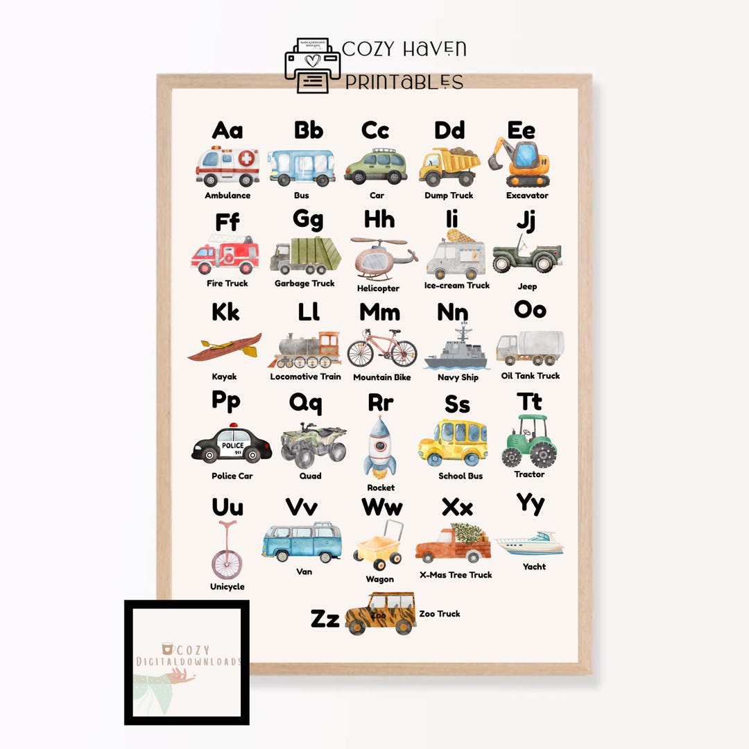 Transport Alphabet Print Vehicles ABC Poster Boys Playroom Wall Art ...