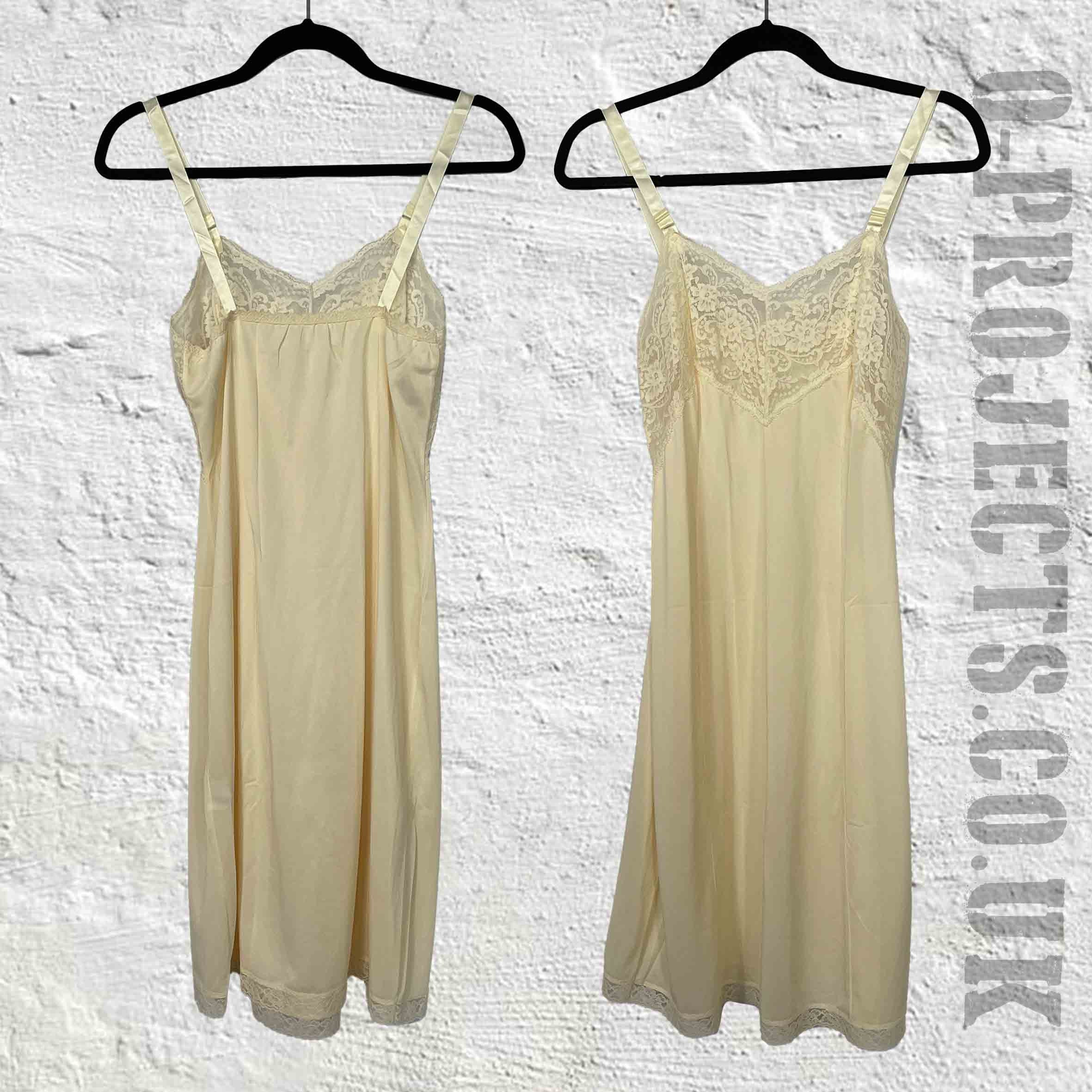 Vintage 1970s, Full Slip Dress, Lemon Yellow, Nylon, Lace, Shaped, Pin ...