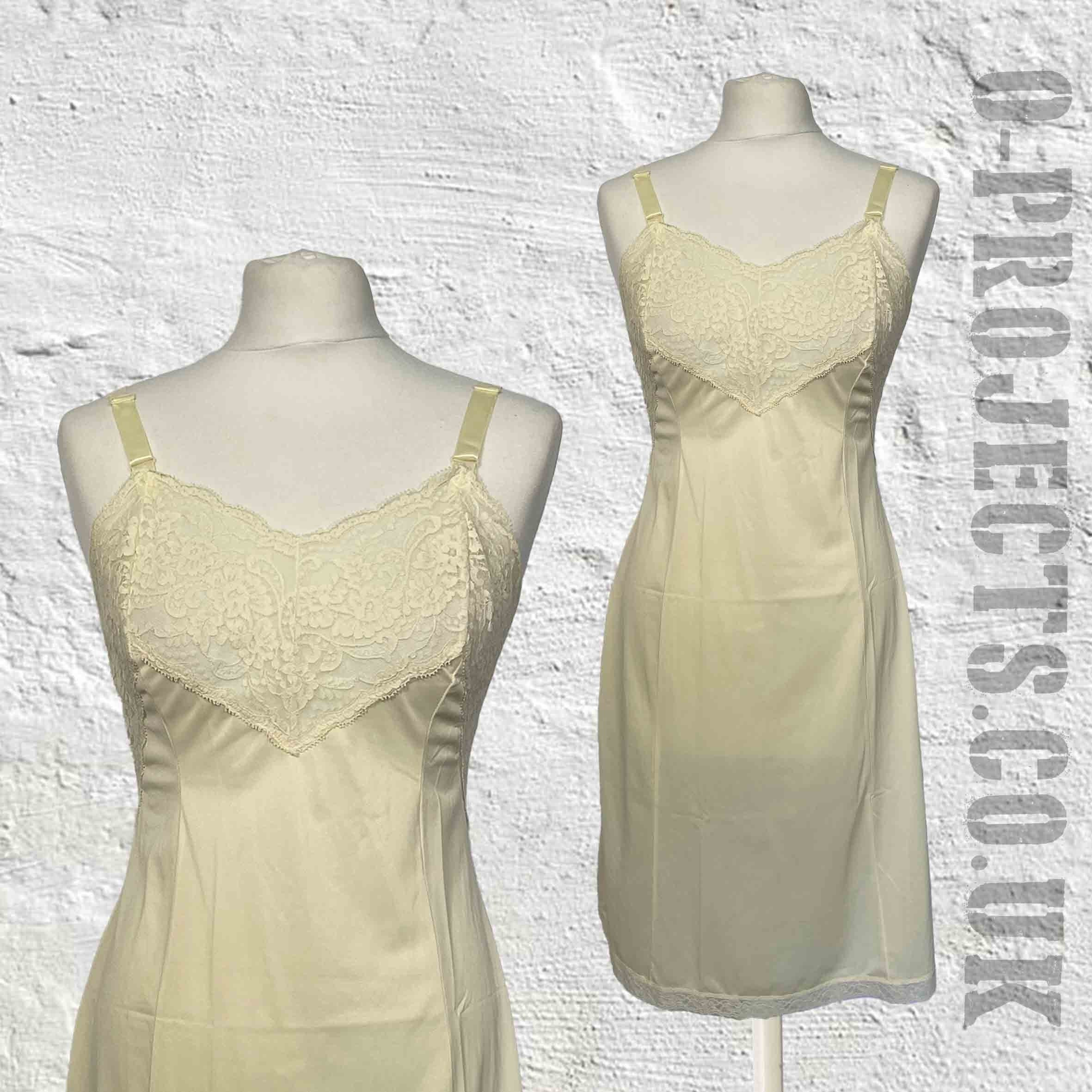 Vintage 1970s, Full Slip Dress, Lemon Yellow, Nylon, Lace, Shaped, Pin ...