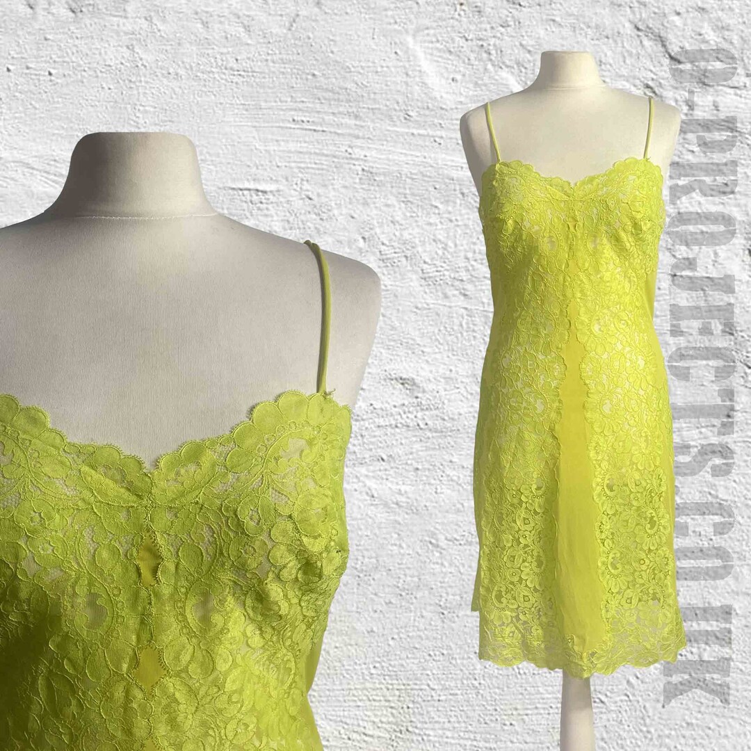 1970s Vintage Lime Yellow Lace Slip Dress, Bright, Strappy, Boho, Pin ...