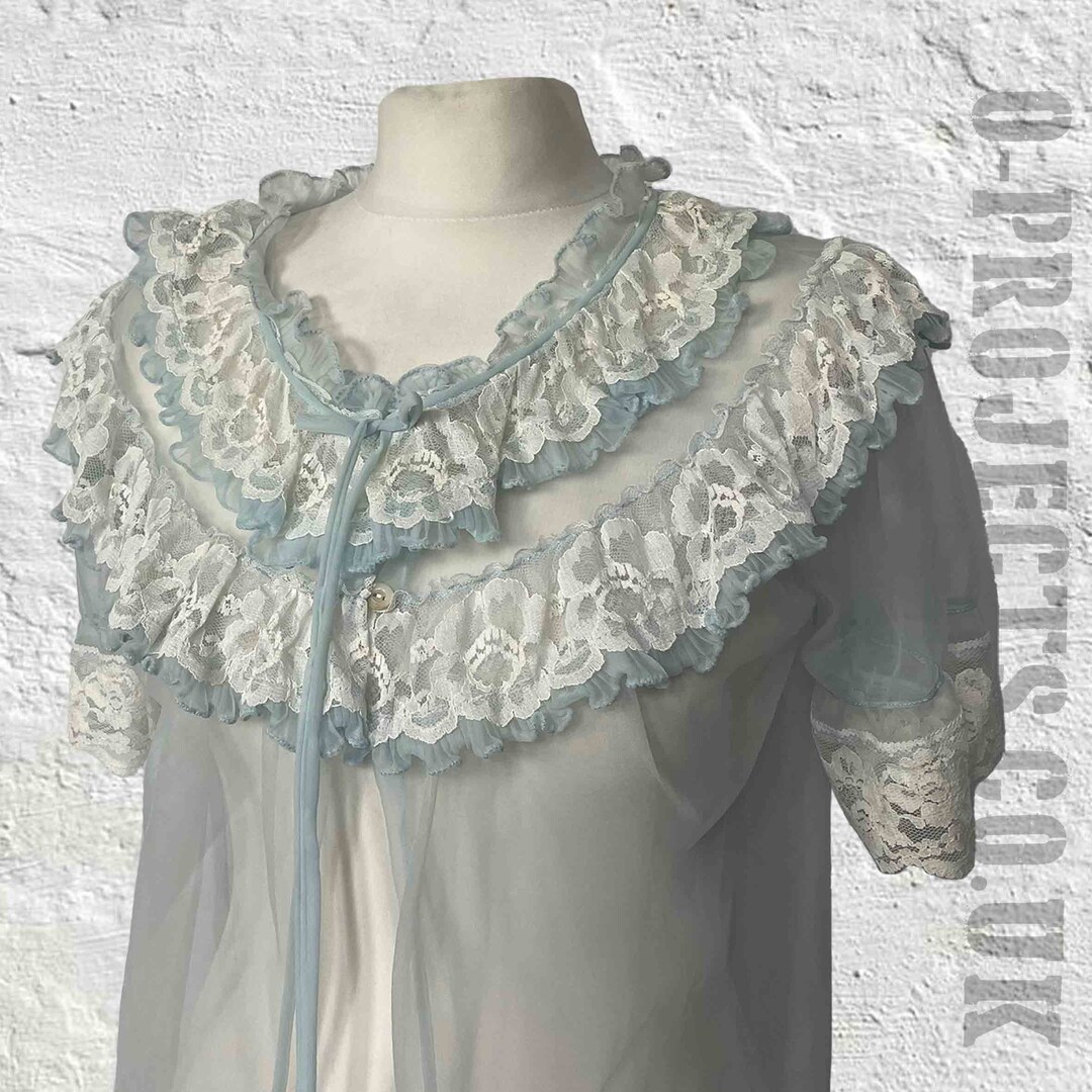 Vintage 1960s, Pale Blue Sheer Peignoir, Dressing Robe, White Lace Trim ...