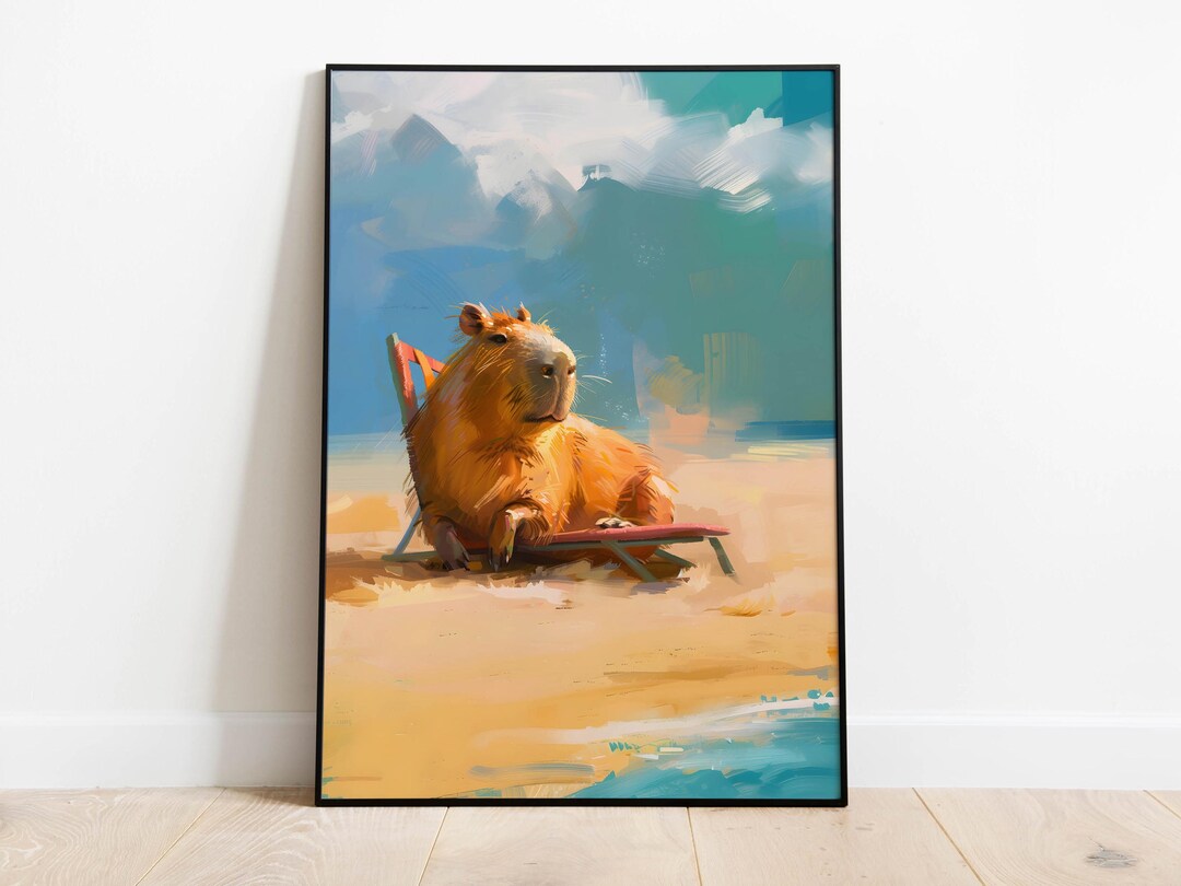 Capybara Beach Poster | Digital Animal Art in Oil Style | Summer Wall ...