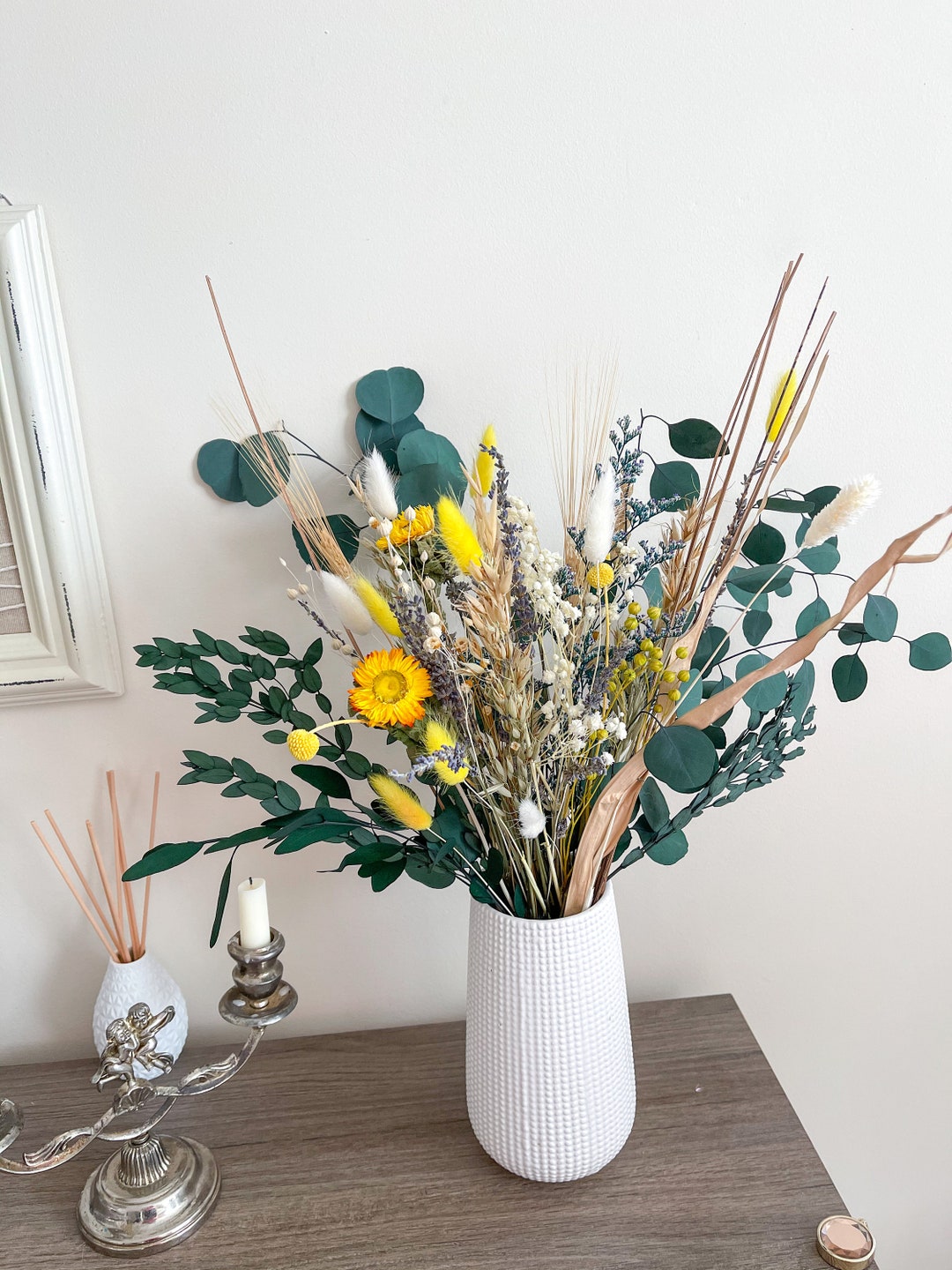 Large 18" Natural Dried and Preserved Flowers Mix Yellow Green Bouquet ...
