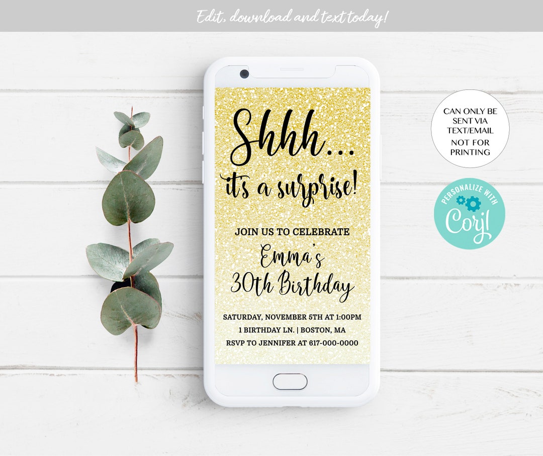 Surprise Birthday Text Invitation, Any Age Gold Birthday Invitation ...
