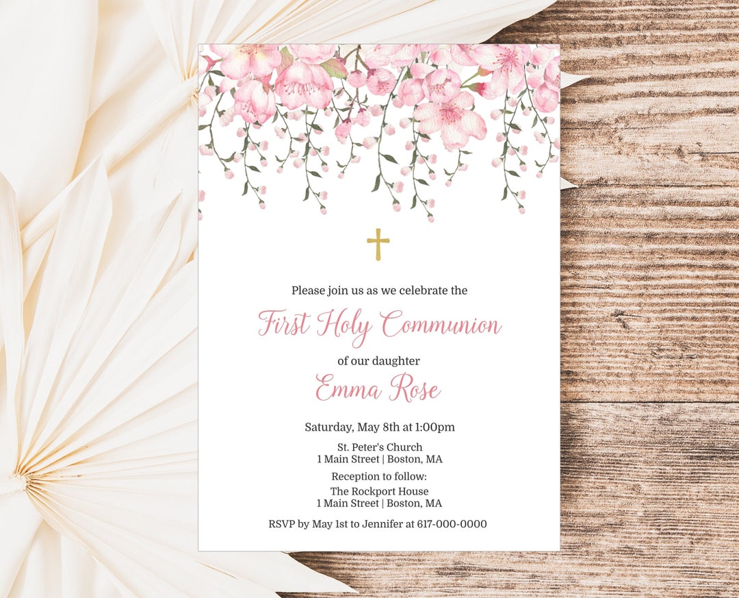 First Holy Communion Invitation Girl, Pink Cherry Blossom 1st Communion ...