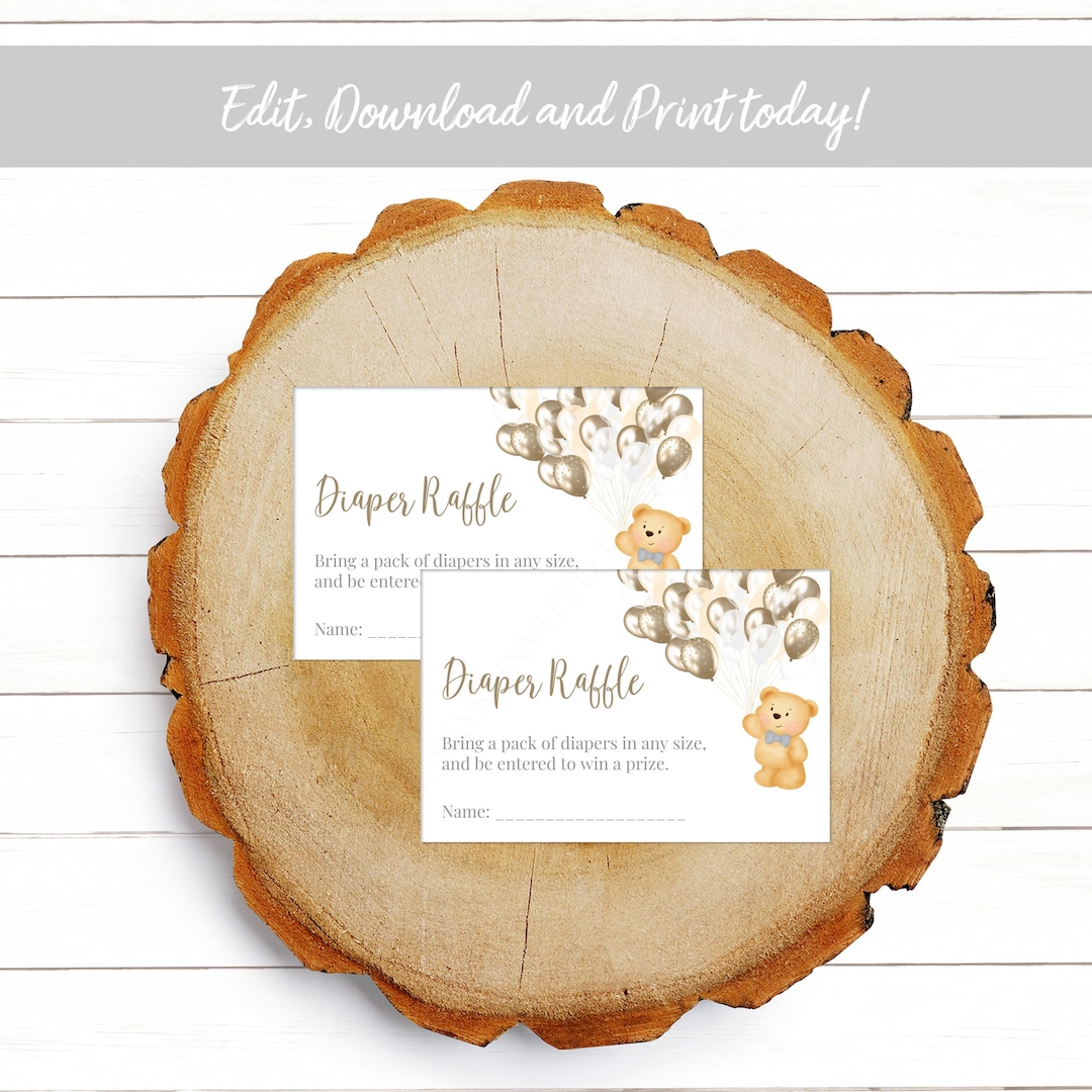 Teddy Bear Diaper Raffle Ticket, Gold and White Diaper Raffle Insert ...