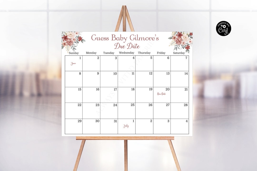 Due Date Calendar, Pink Baby Shower Game, Girl Baby Shower Game, Due ...