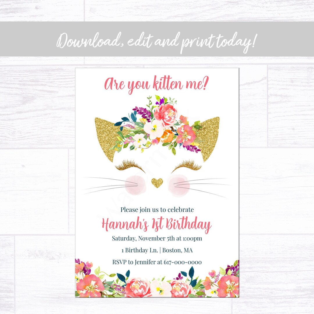 Kitten Birthday Invitation Girl, Any Age Coral and Gold Kitten Birthday ...