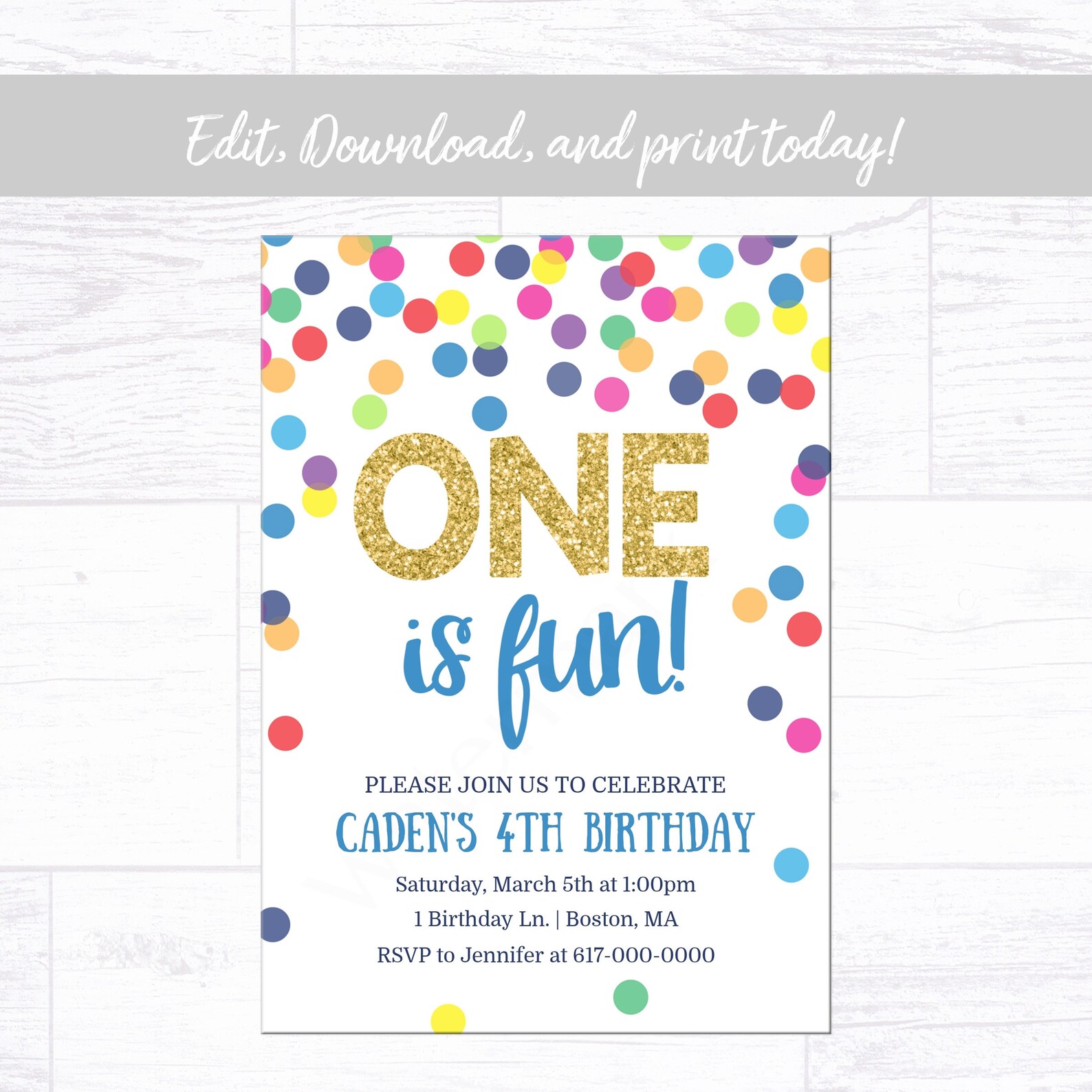 Rainbow Confetti One is Fun Birthday Invitation Boy, Colorful Dots 1st ...