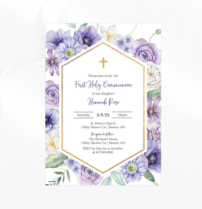 First Holy Communion Invitation Girl Purple Floral 1st - Etsy