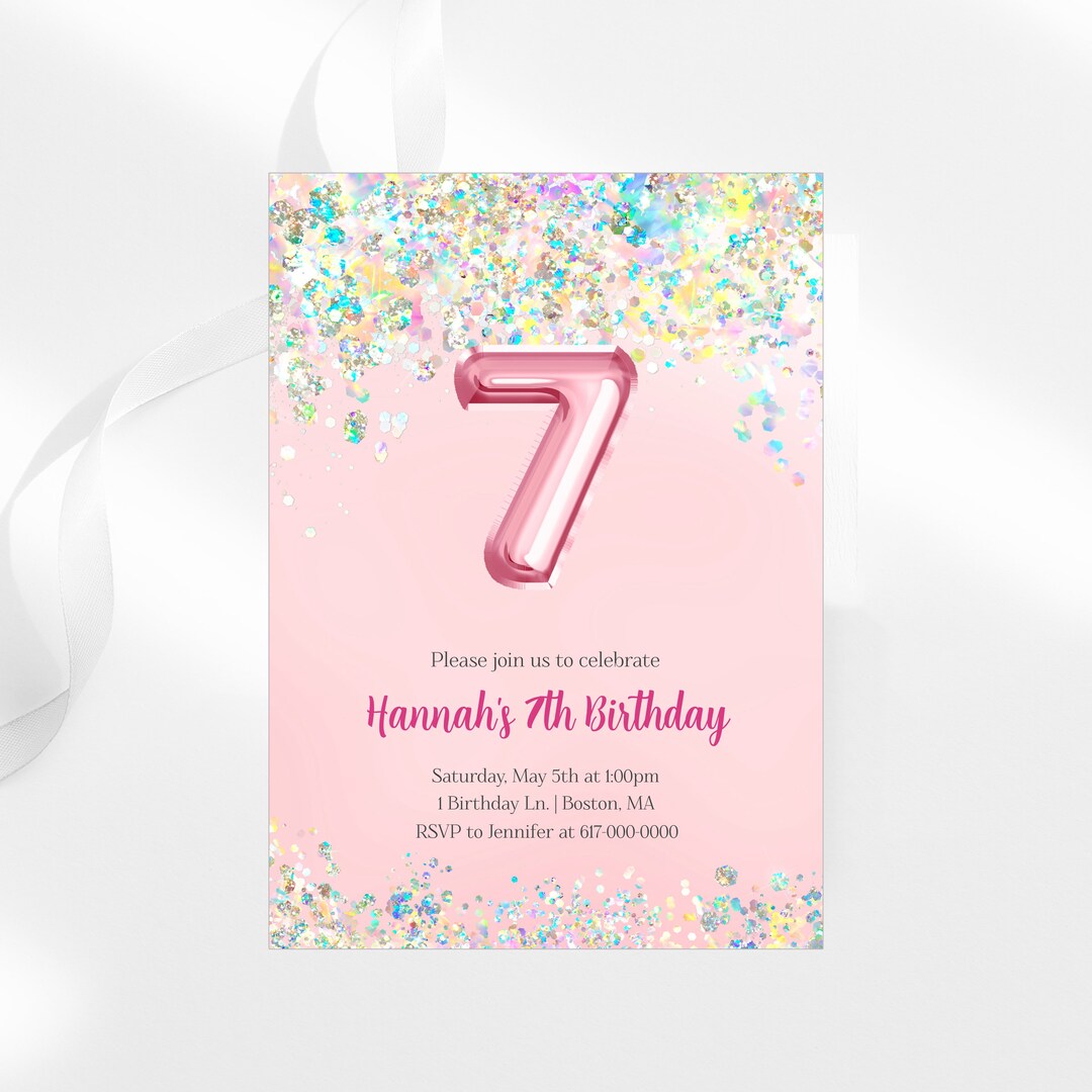 Pink 7th Birthday Invitation Girl, Holo Glitter Birthday Invitation ...