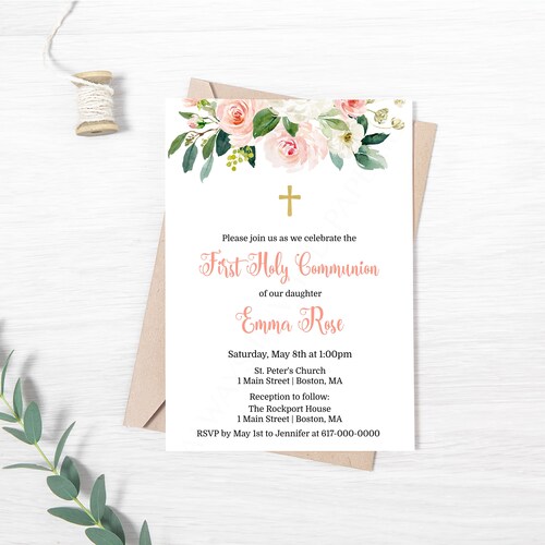 Editable First Holy Communion Invitation Pink Floral 1st - Etsy