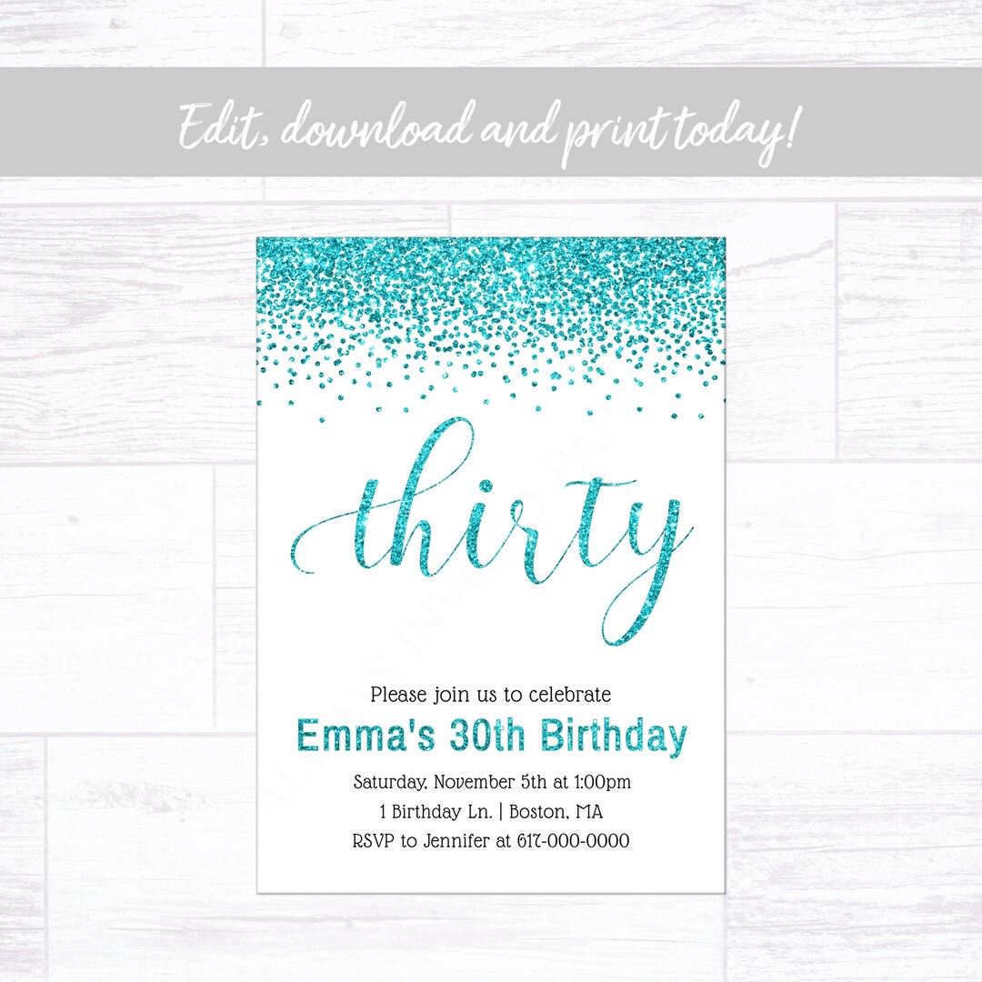 Teal Confetti Birthday Invitation, Any Age Rose Teal and White Birthday ...