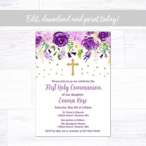 First Communion Invitation Girl First Communion Purple - Etsy