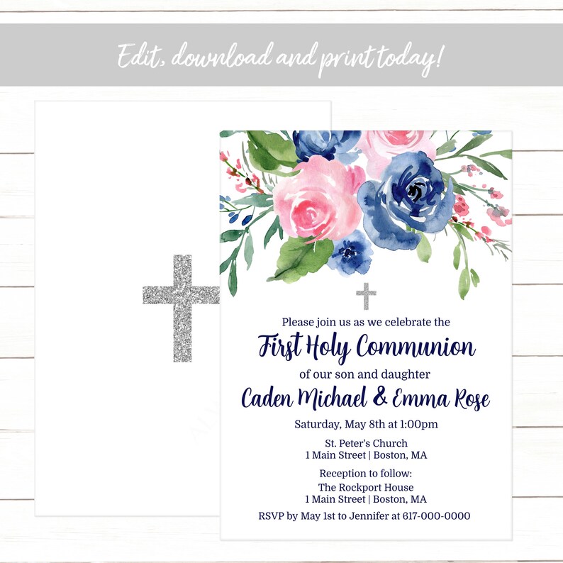 Editable First Holy Communion Invitation, Pink and Blue Joint 1st ...
