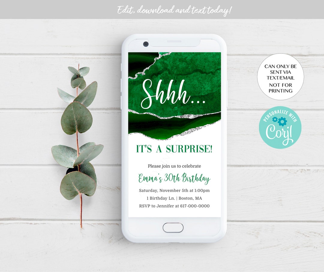 Editable Surprise Birthday Text Invitation, Any Age Green Silver ...
