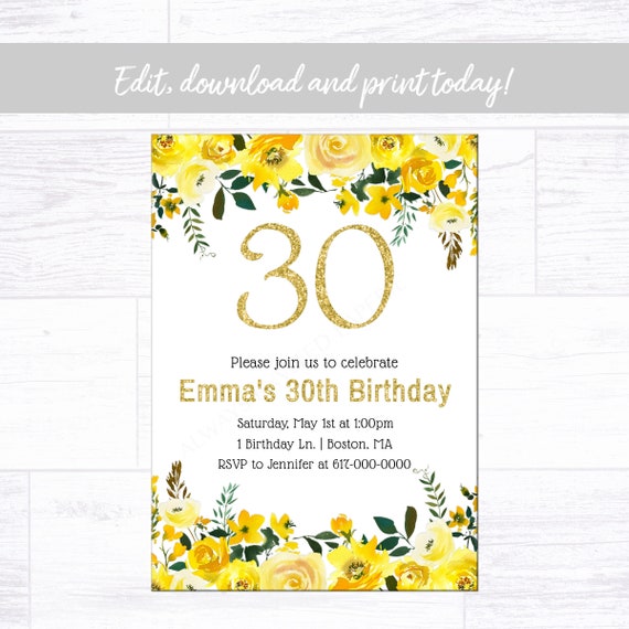 Yellow Birthday Invitation Any Age Birthday Invitation Adult | Etsy