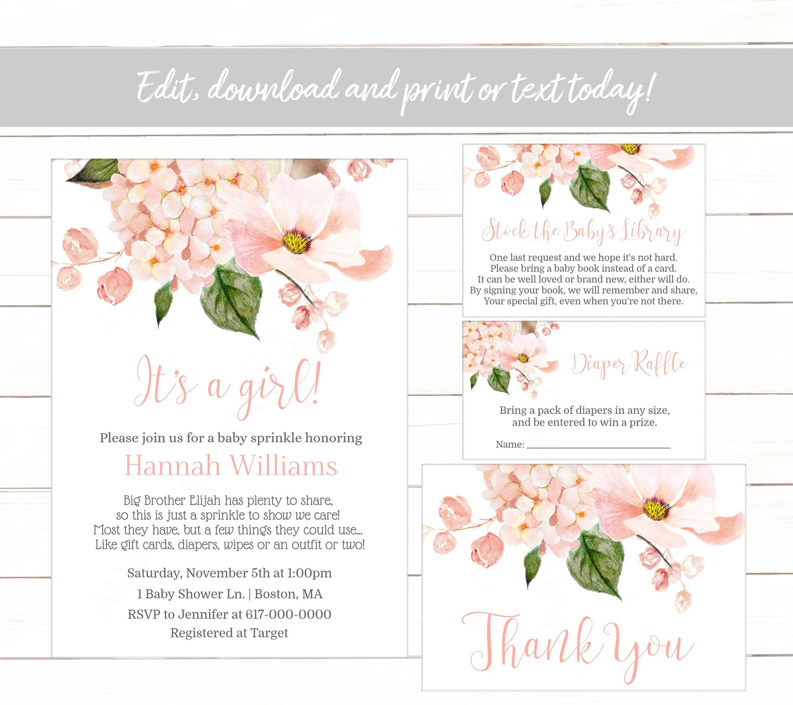 Baby Sprinkle Invitation Girl, Pink Floral It's a Girl Baby Sprinkle ...