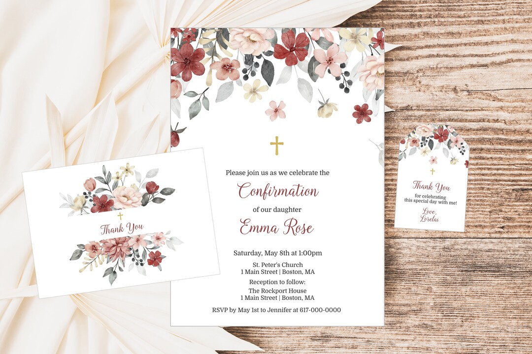 Confirmation Invitation Girl, Pink Burgundy Confirmation Invitation Set ...