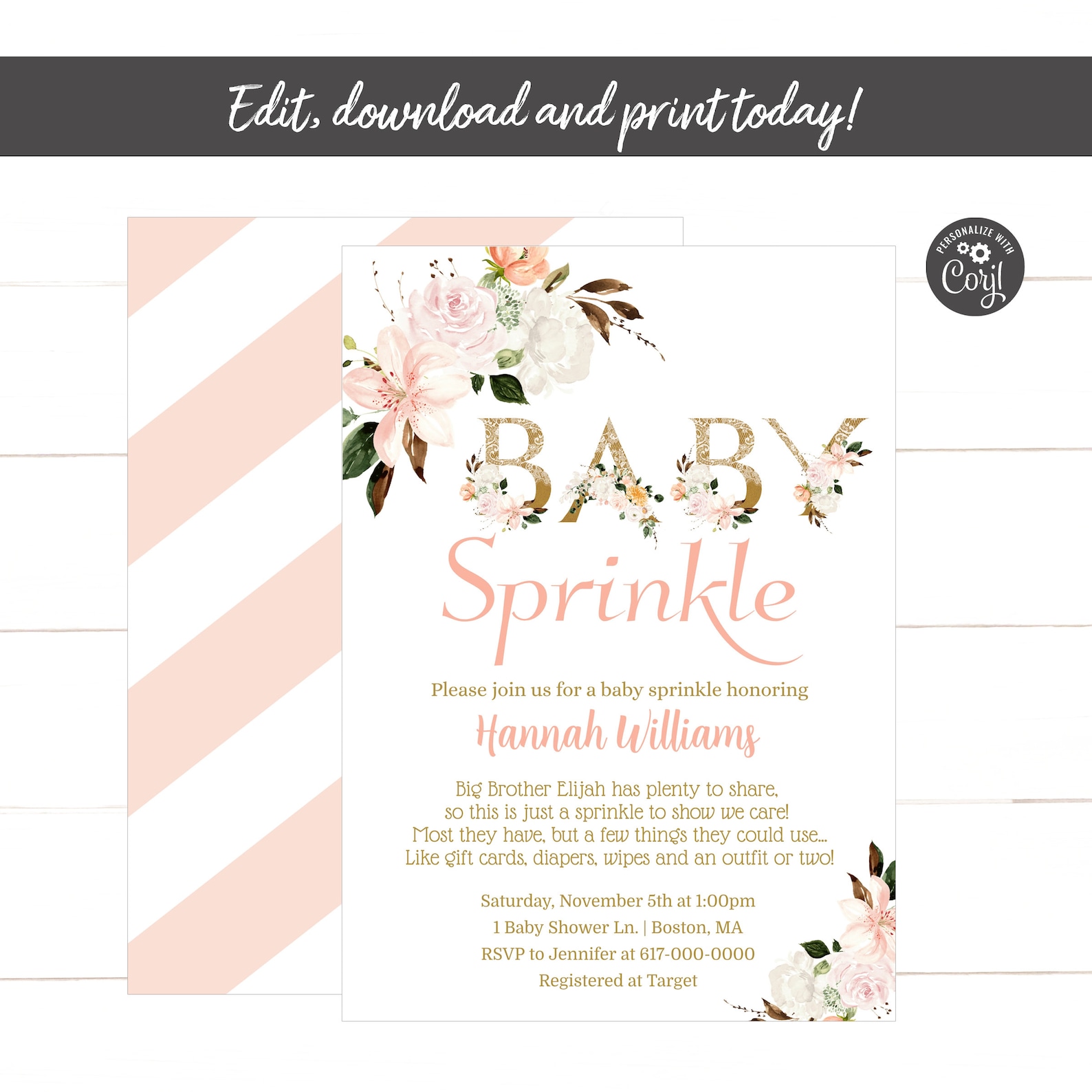 Baby Sprinkle Invitation Girl, Floral Sprinkled With Love Baby Sprinkle ...