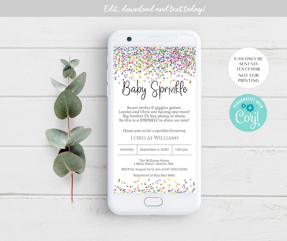 Editable Confetti Baby Sprinkle Text Invitation Girl Rainbow - Etsy