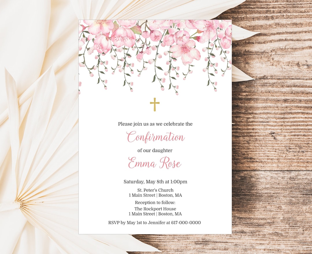 First Holy Confirmation Invitation Girl, Pink Cherry Blossom 1st ...