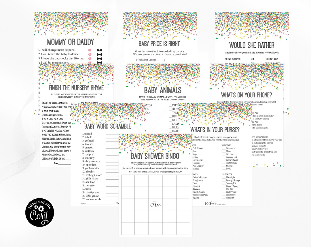 Editable Baby Shower Games Bundle, Rainbow Confetti Would She Rather ...