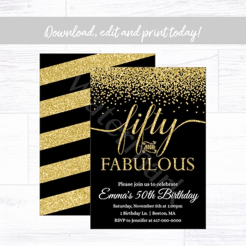 50 And Fabulous Gold And Black 50th Birthday Invitation Etsy