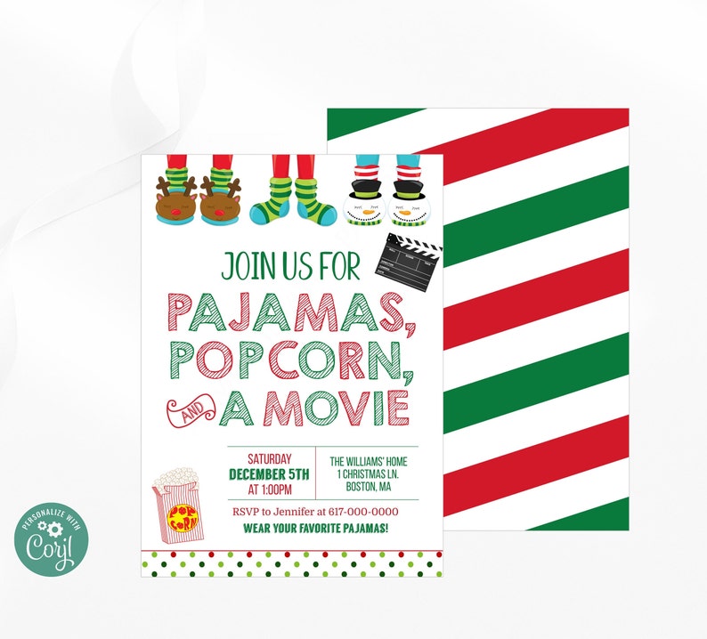 Christmas Pajamas Popcorn Movie Party Invitation Pajama - Etsy