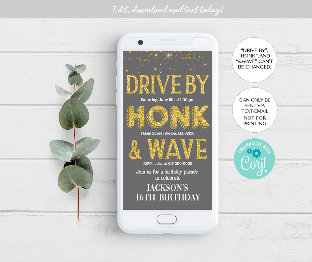 Birthday Parade Text Invitation, Gray and Gold Drive by Birthday ...