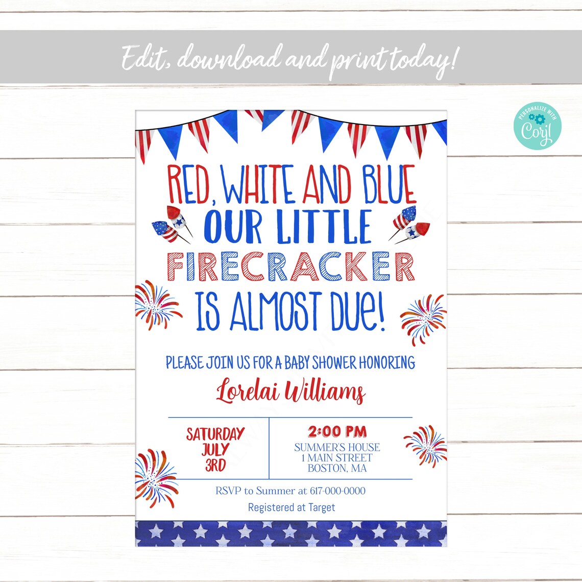 Firecracker Baby Shower Invitation Red White and Blue - Etsy