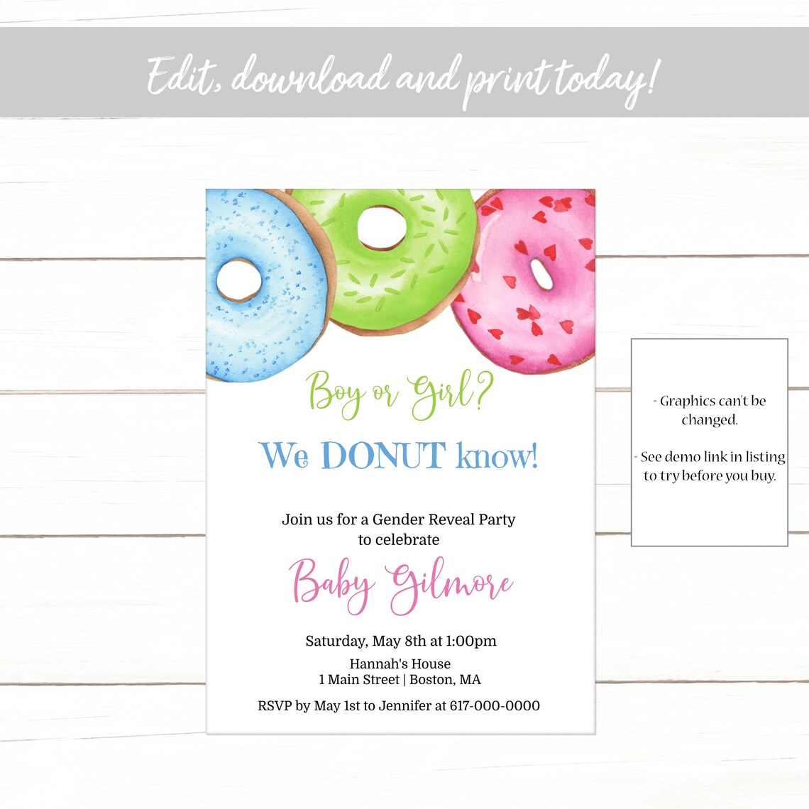 Editable Donut Gender Reveal Invitation Colorful Donut Baby - Etsy
