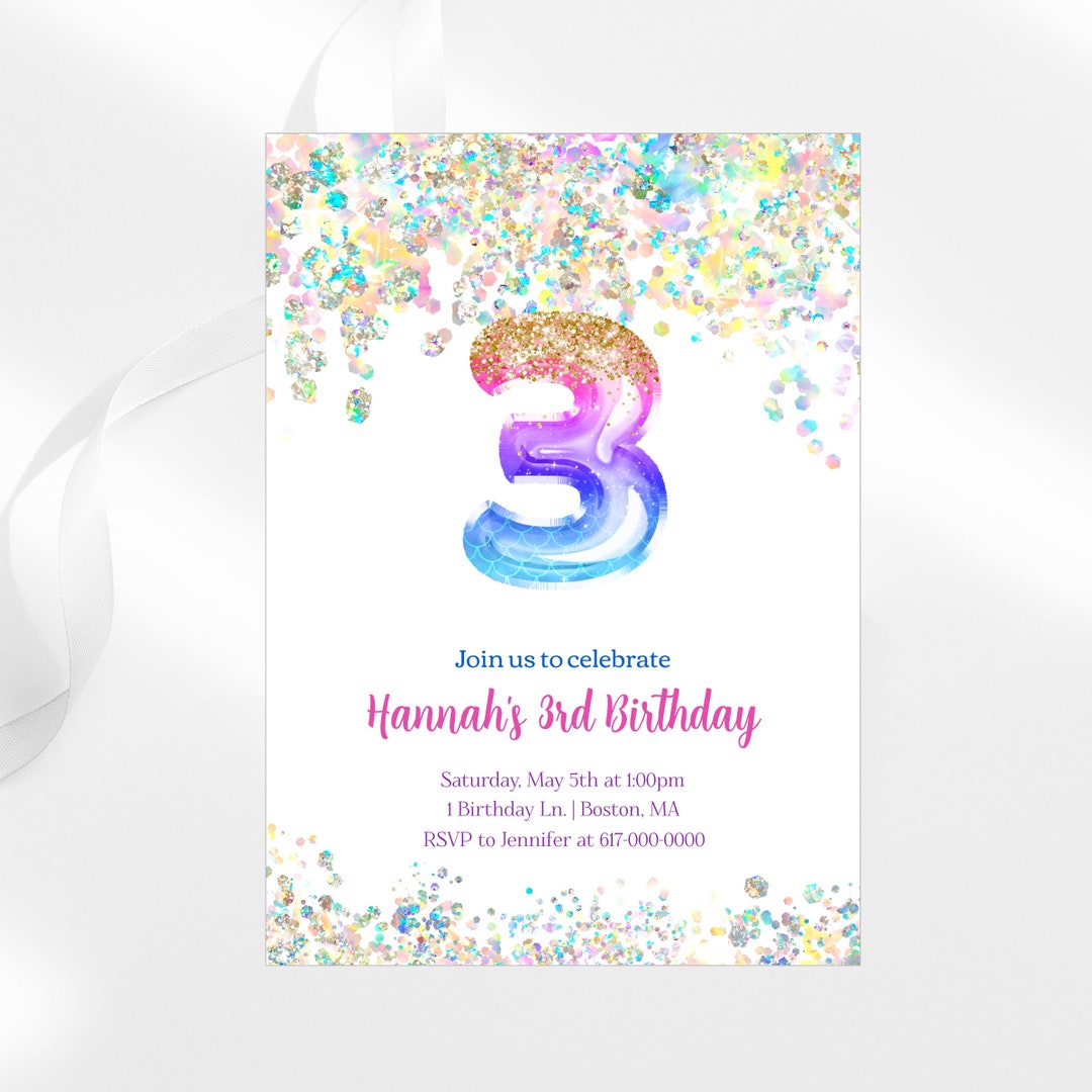 Pink 3rd Birthday Invitation Girl, Holo Glitter Purple Birthday ...