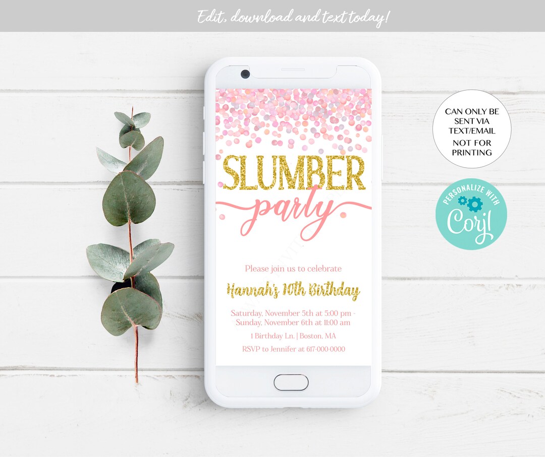 Slumber Party Text Invitation Girl, Pink and Gold Slumber Party ...
