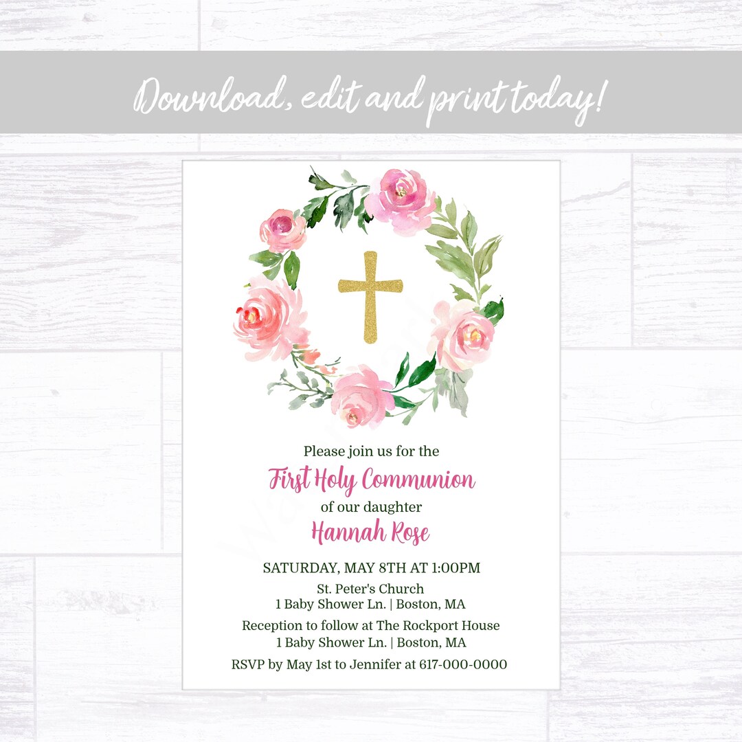First Holy Communion Invitation Girl, Pink and Gold 1st Communion ...