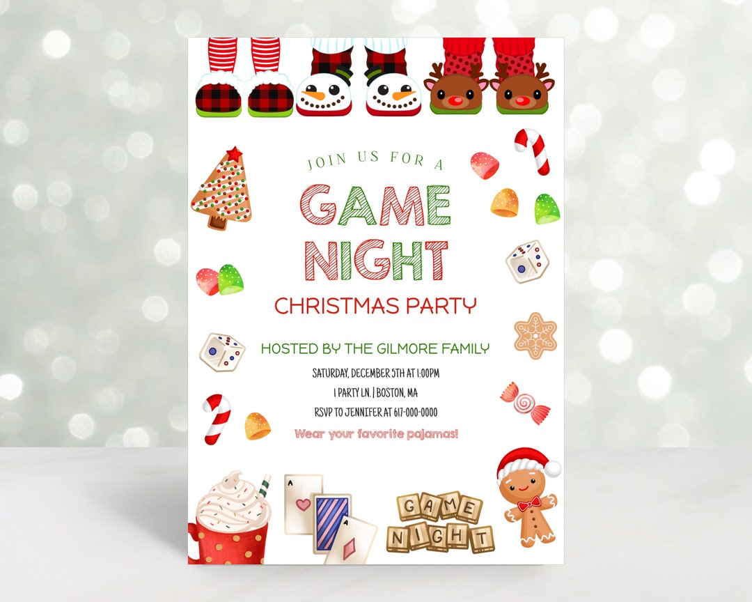 Game Night Christmas Party Invitation, Christmas Pajama Party ...